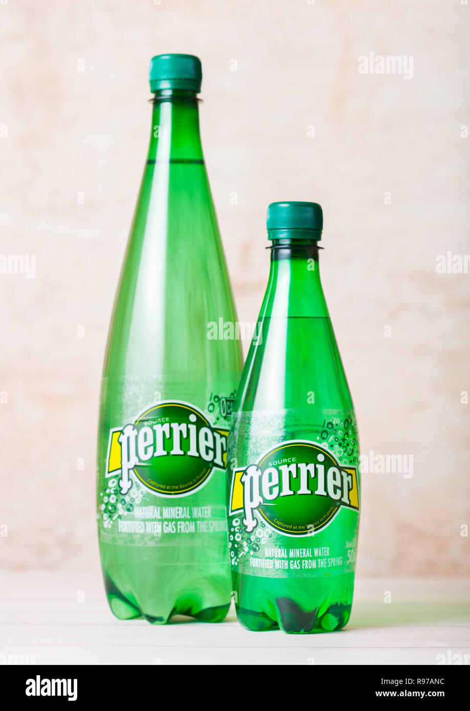 LONDON, UK - SEPTEMBER 03, 2018: Bottles of Perrier sparkling water on ...