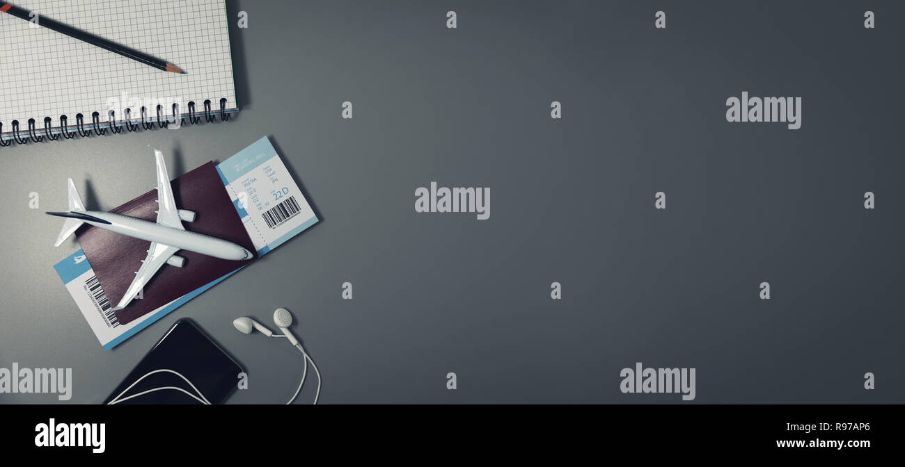 travel background - passport and boarding pass on gray background with ...