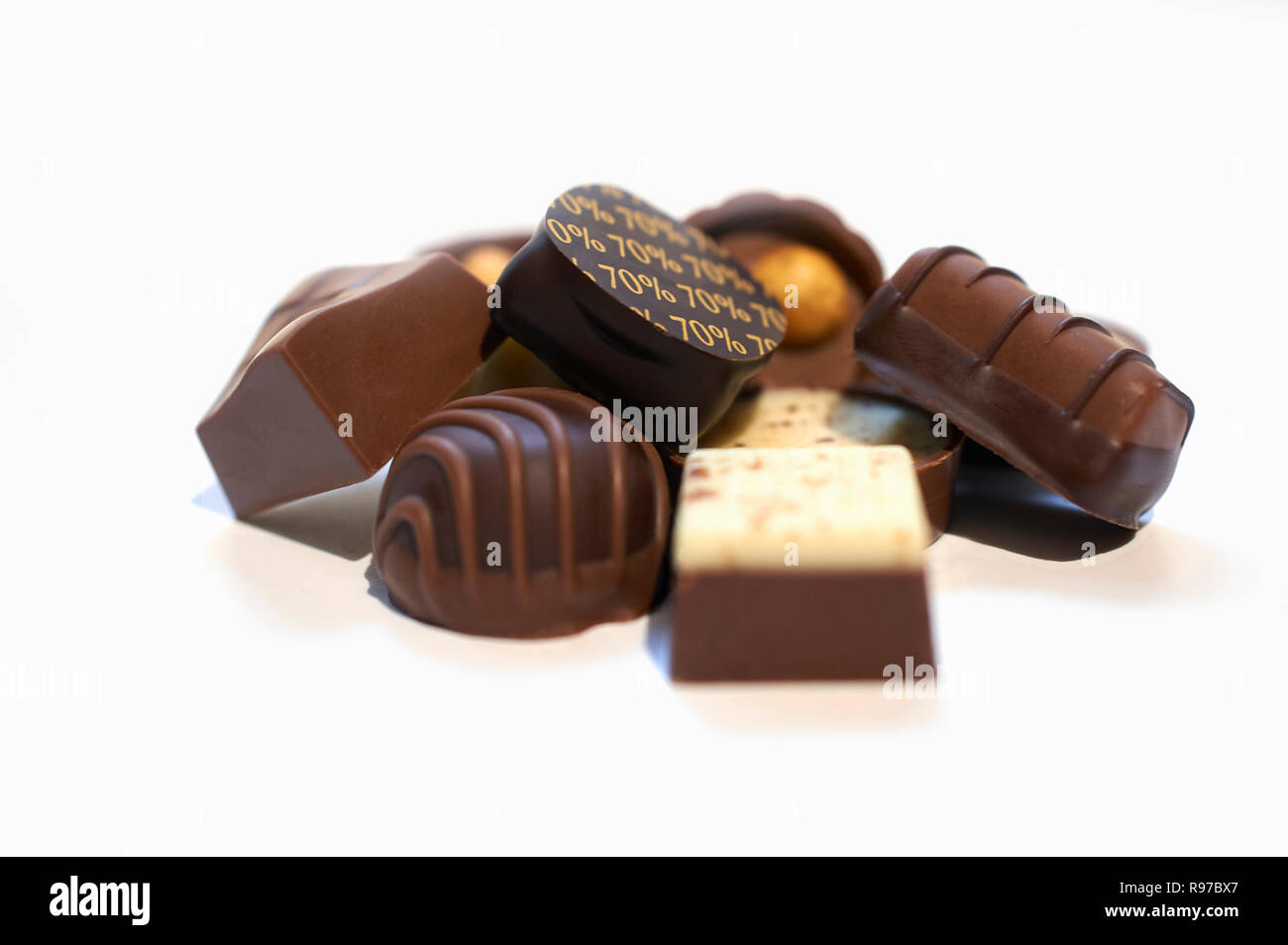 Assorted belgian chocolate on a white background (Not cut out Stock ...