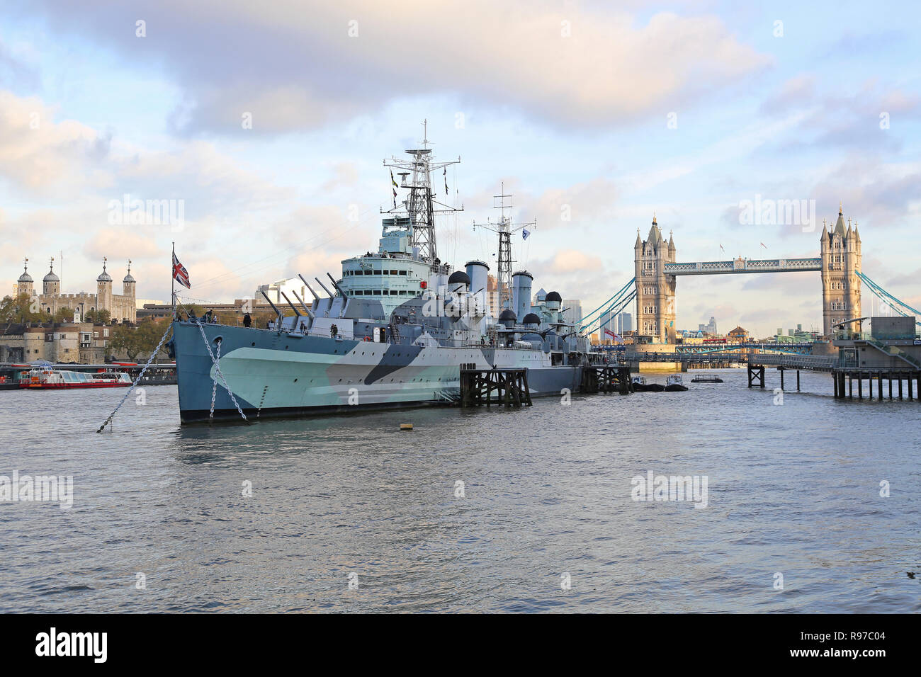 Royal navy boat cruiser ship river thames floating museum england hi ...