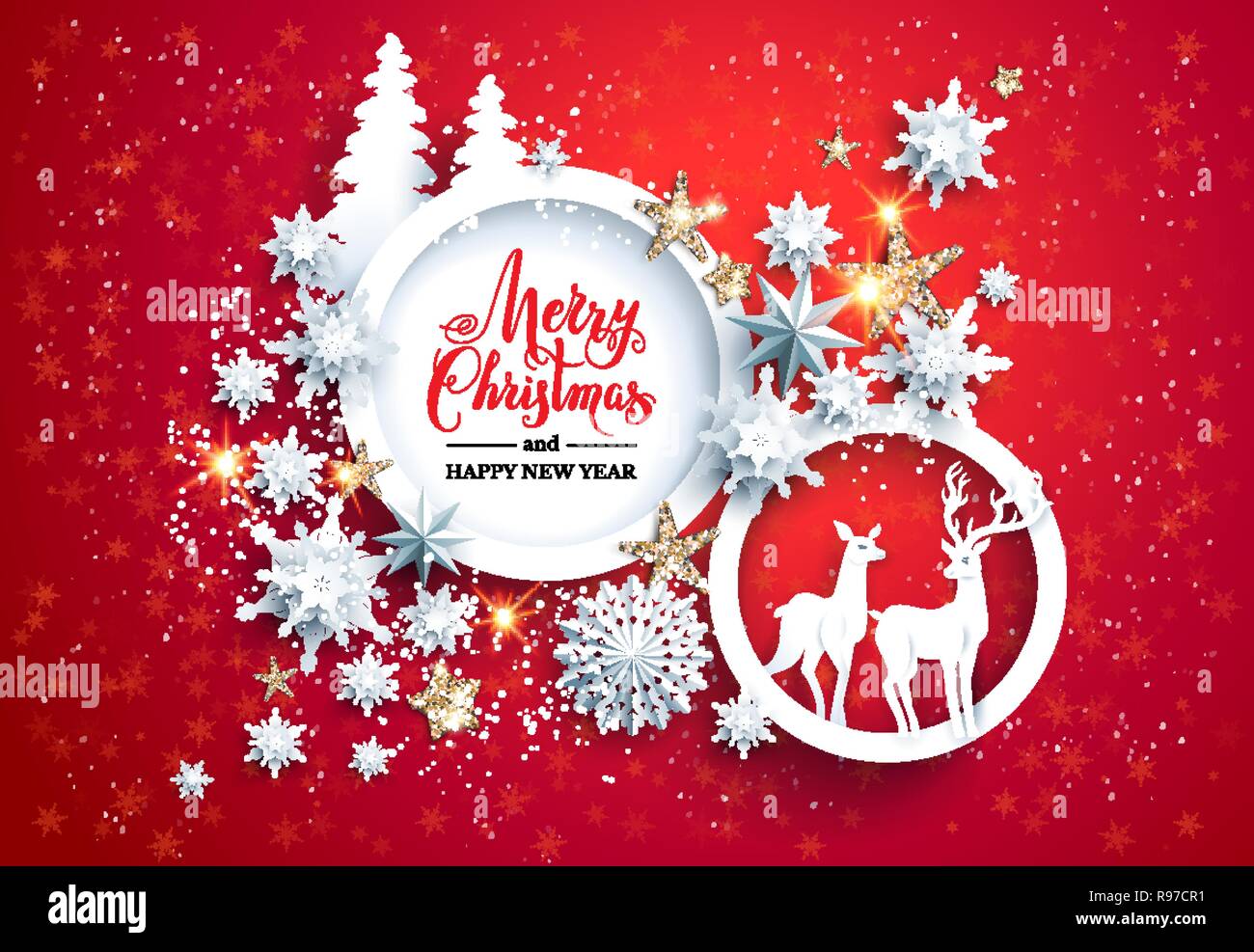 Abstract winter design with snowflakes and deers. Seasonal realistic ...