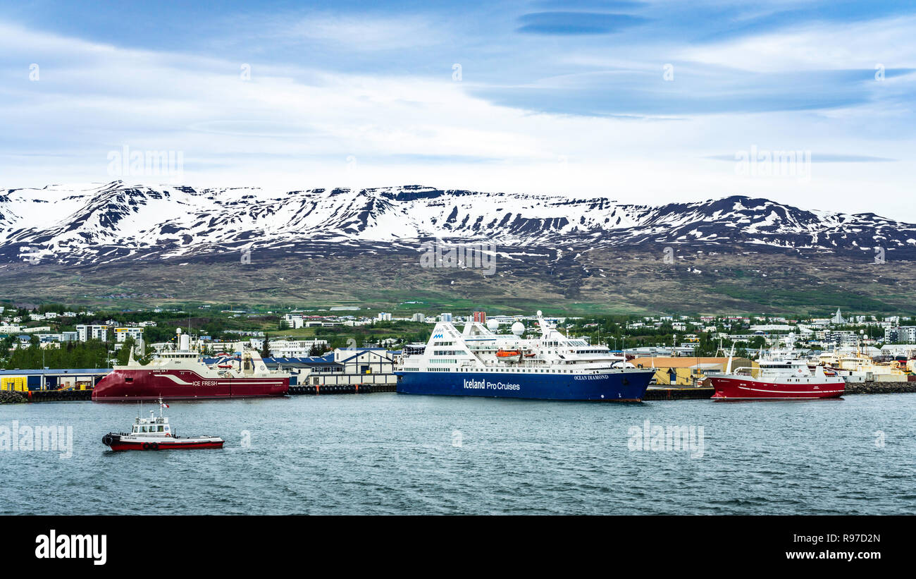 The port of Akureyri with cruise ships on the Eyjafjörður fjord in ...