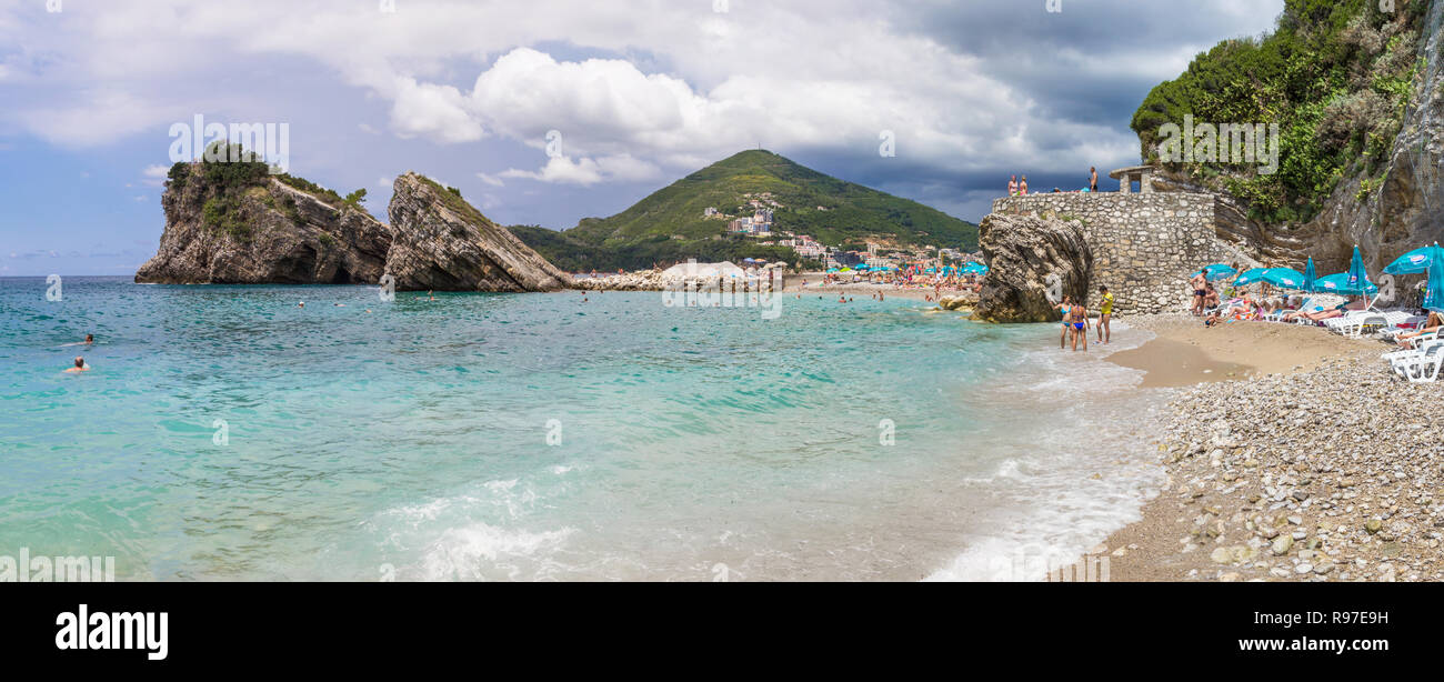 MONTENEGRO, BUDVA, August 01, 2014: View of the beach on St. Nikola ...