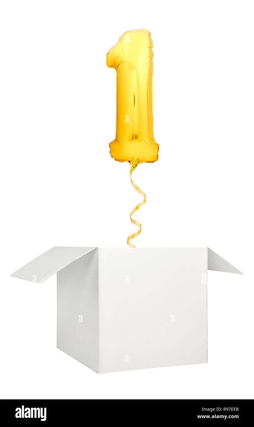 Golden number one balloon flying out of blank white box isolated on ...