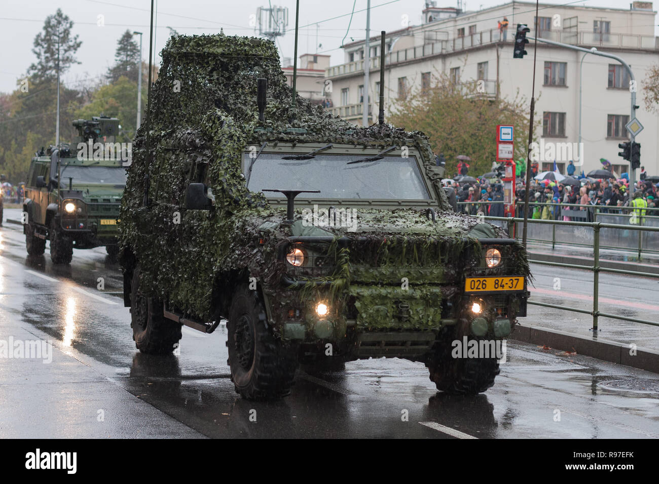 European street, Prague-October 28, 2018: Soldiers of Czech Army are ...
