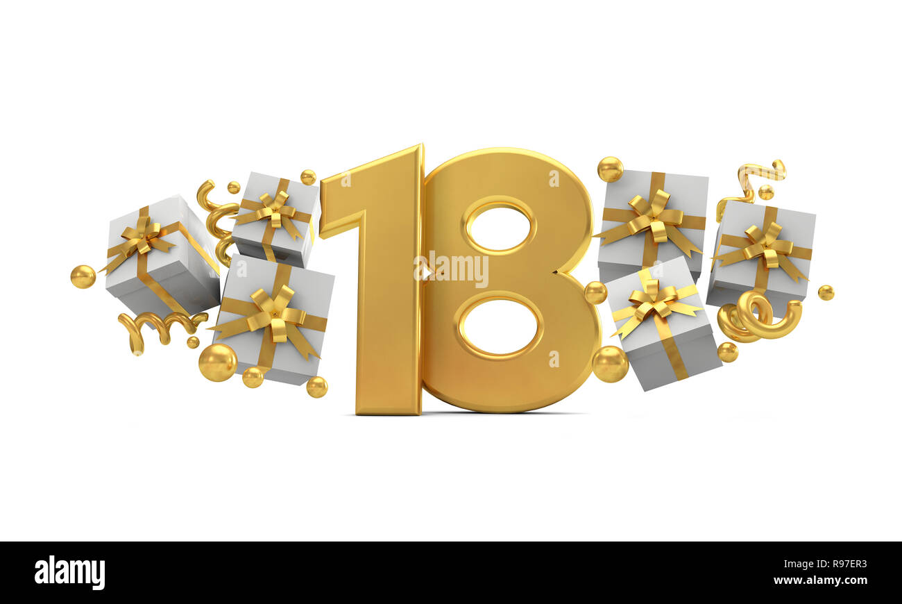 Number 18 gold birthday celebration number with gift boxes. 3D ...