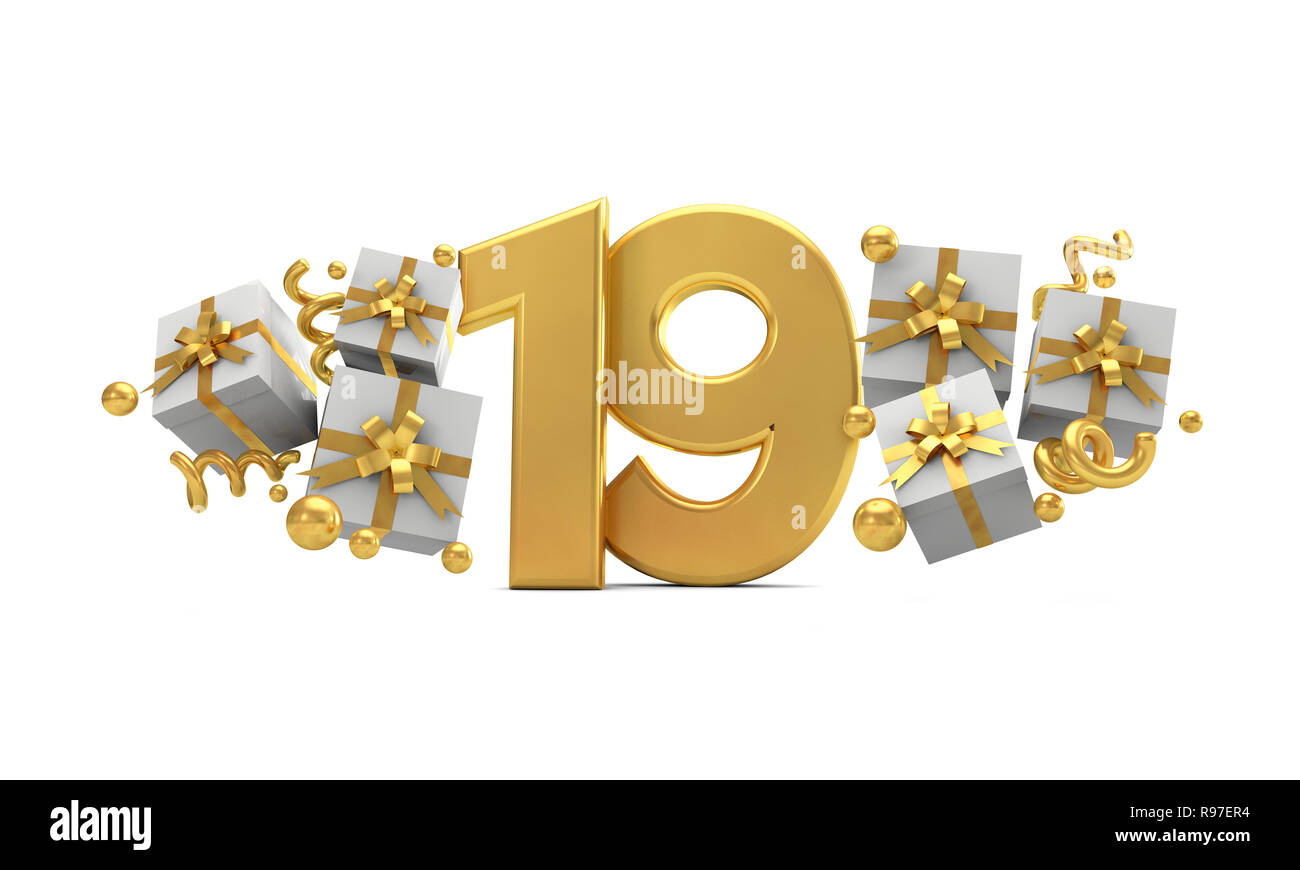 Number 19 gold birthday celebration number with gift boxes. 3D ...