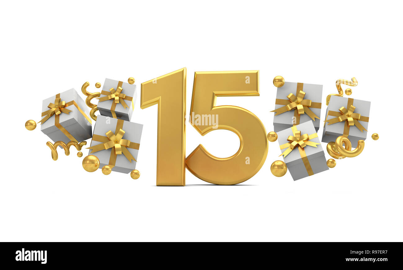 Number 15 gold birthday celebration number with gift boxes. 3D ...
