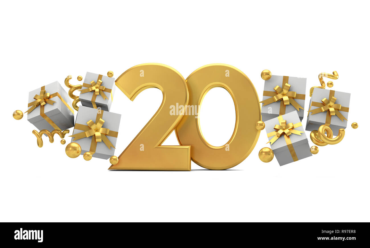 Number 20 gold birthday celebration number with gift boxes. 3D ...