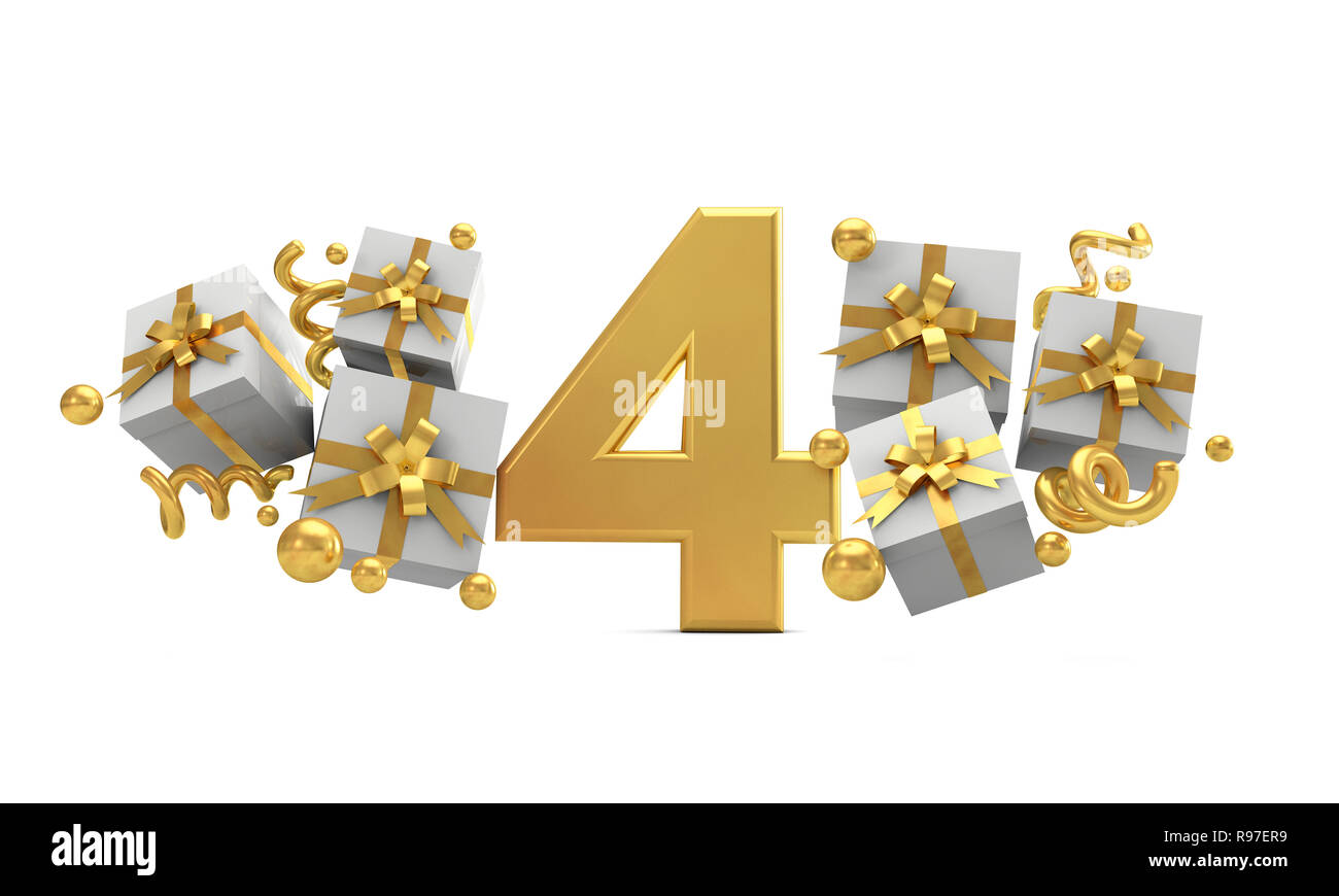 Number 4 gold birthday celebration number with gift boxes. 3D Rendering ...