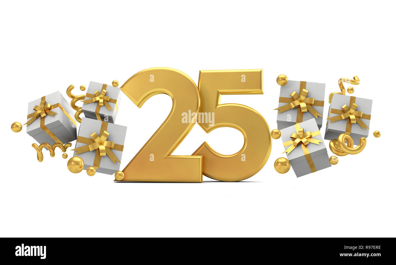 Number 25 gold birthday celebration number with gift boxes. 3D ...