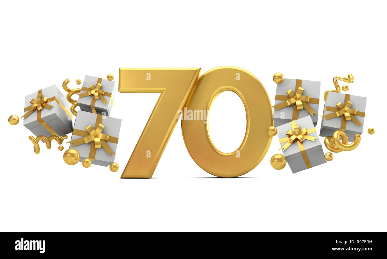Number 70 gold birthday celebration number with gift boxes. 3D ...