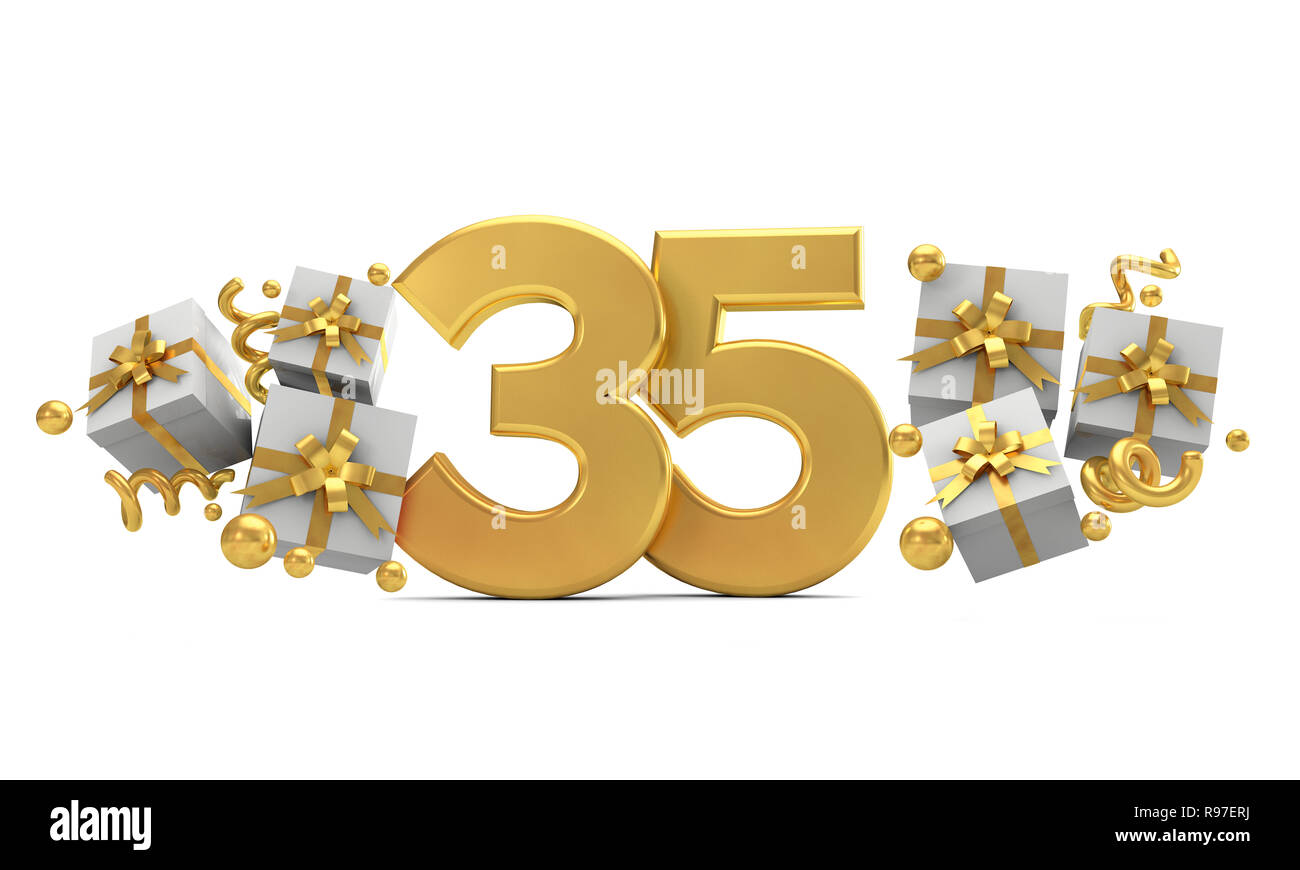 Number 35 gold birthday celebration number with gift boxes. 3D ...