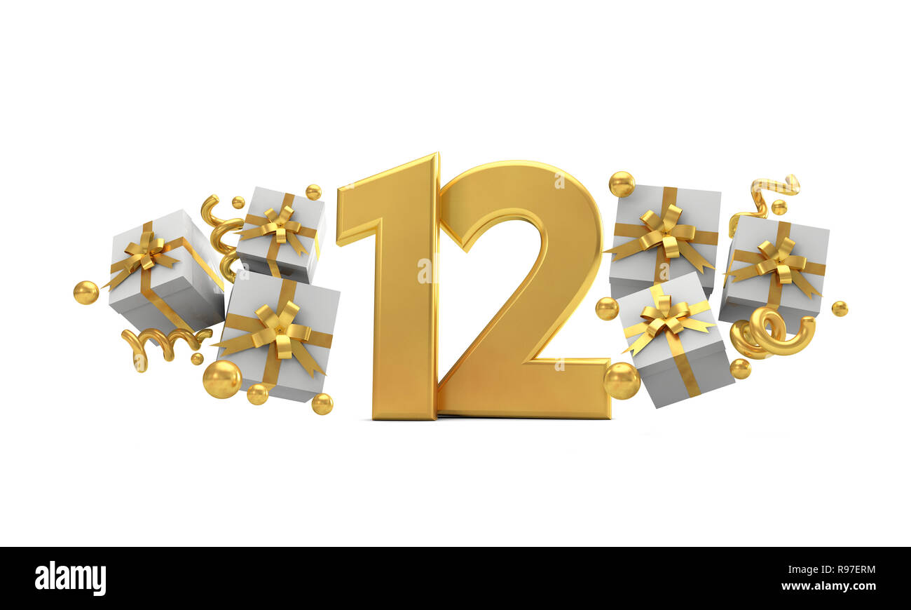 Number 12 gold birthday celebration number with gift boxes. 3D ...