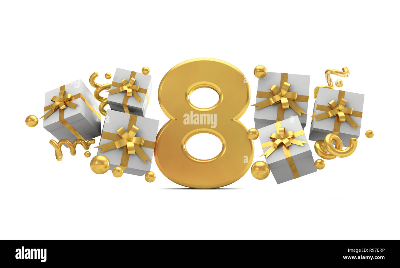 Number 8 gold birthday celebration number with gift boxes. 3D Rendering ...