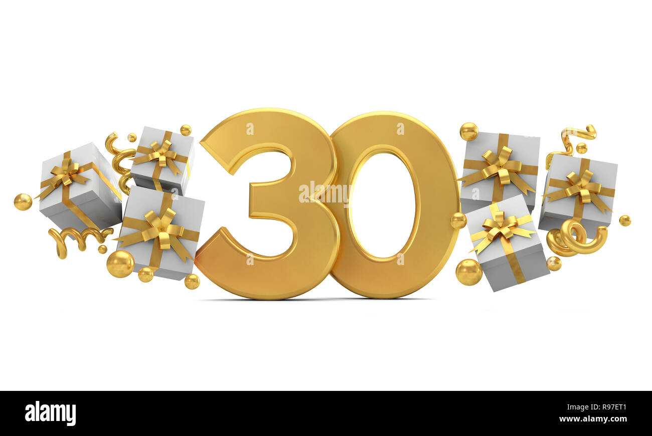 Number 30 gold birthday celebration number with gift boxes. 3D ...
