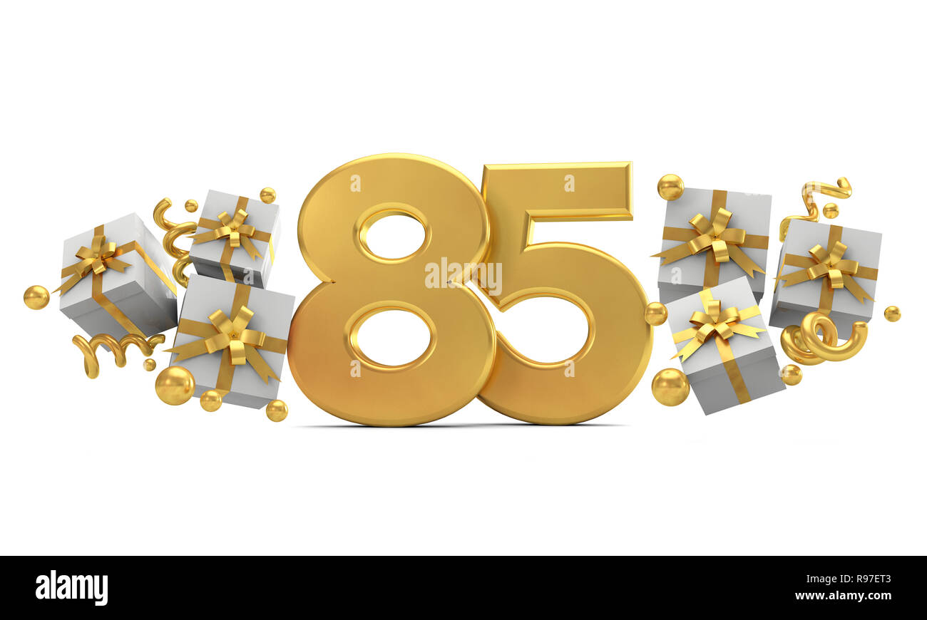 Number 85 gold birthday celebration number with gift boxes. 3D ...