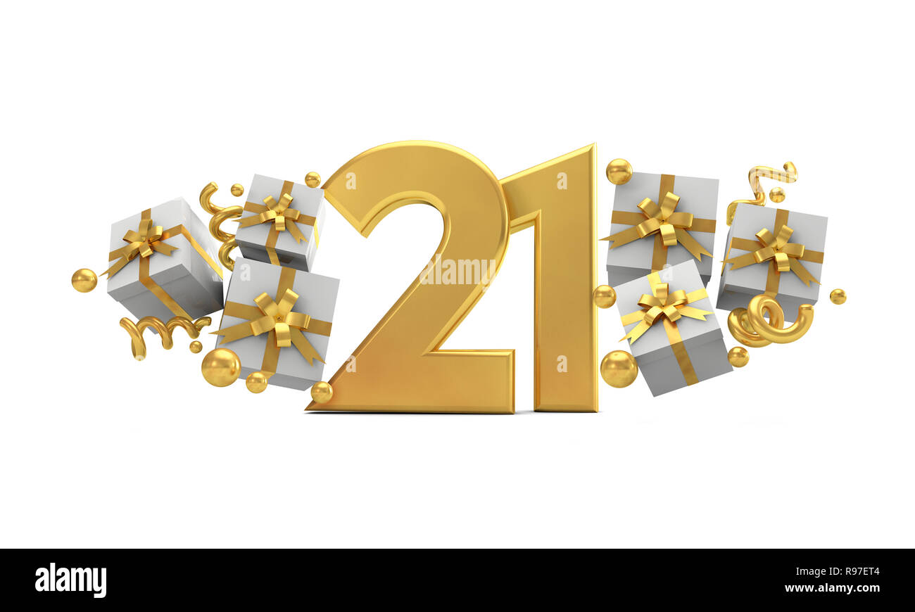Number 21 gold birthday celebration number with gift boxes. 3D ...