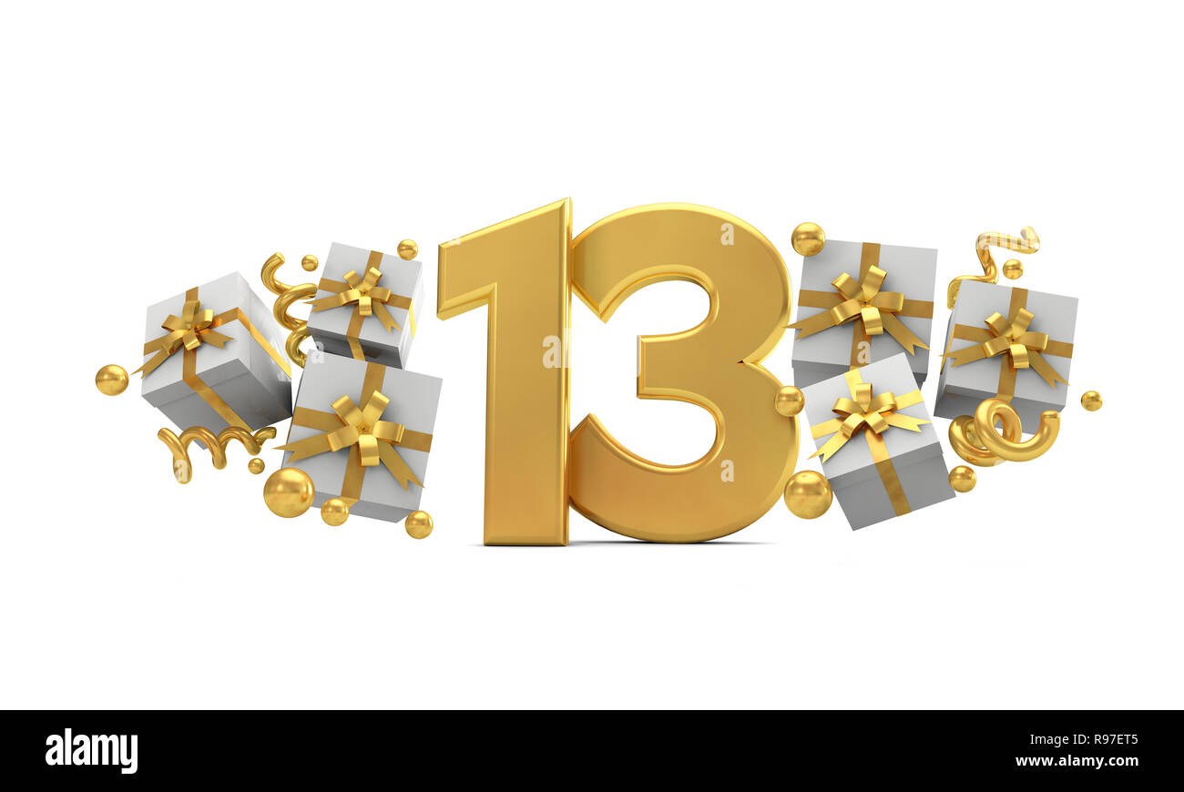 Number 13 gold birthday celebration number with gift boxes. 3D ...