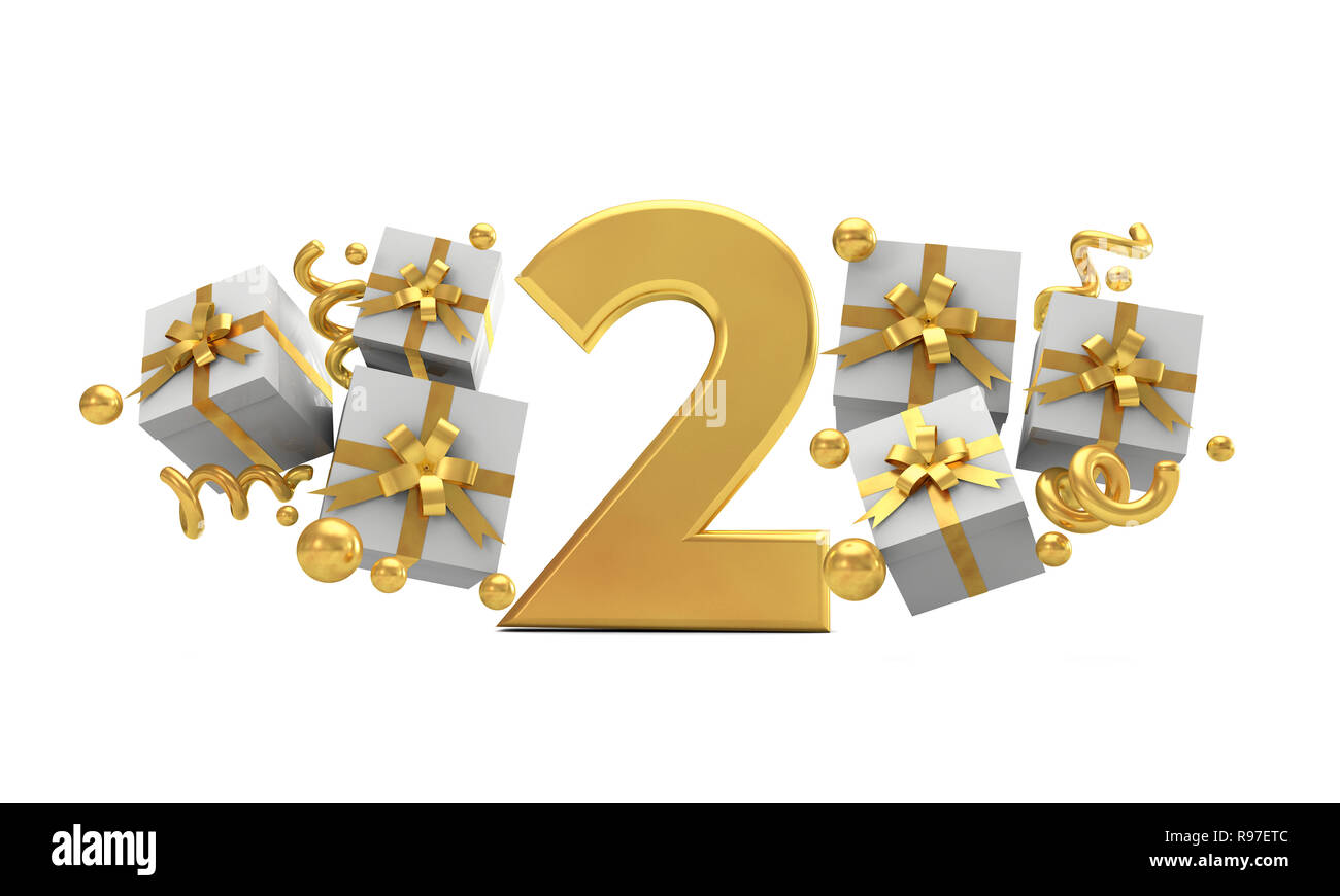 Number 2 gold birthday celebration number with gift boxes. 3D Rendering ...