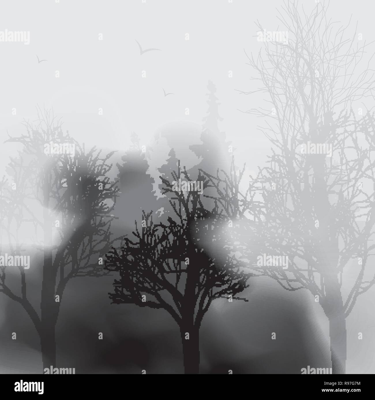 fog in the forest. Black Tree ink blots, splashes, spray texture ...