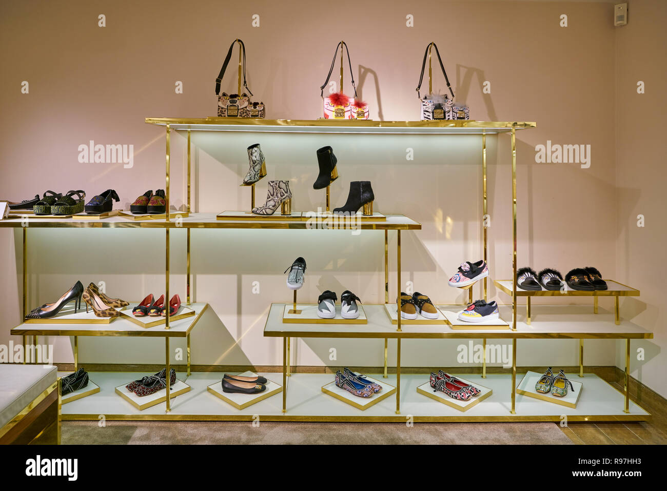 MILAN, ITALY - CIRCA NOVEMBER, 2017: bags and shoes on display at Furla ...