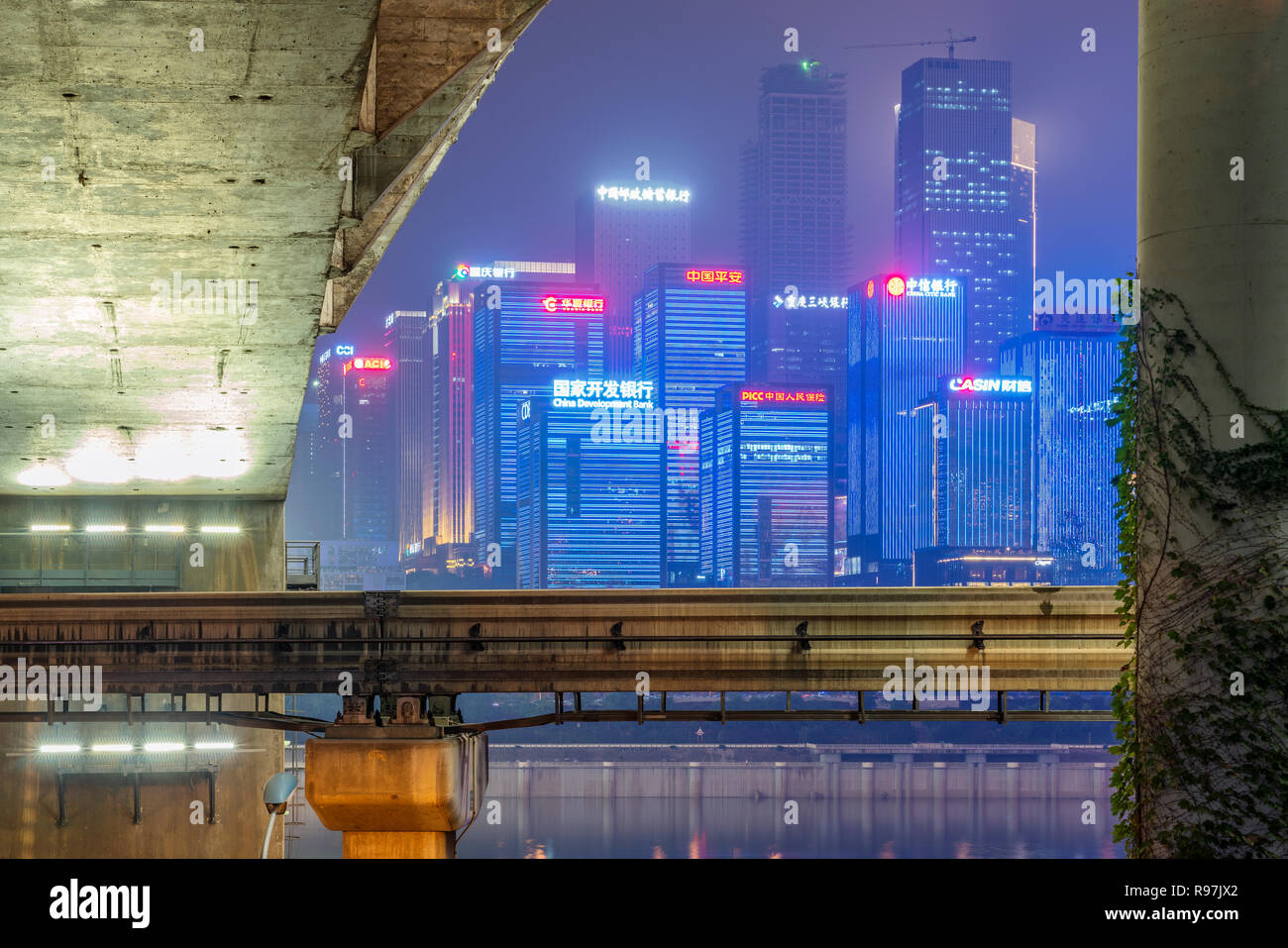Night view of Chongqing downtown city buildings and bridge Stock Photo ...