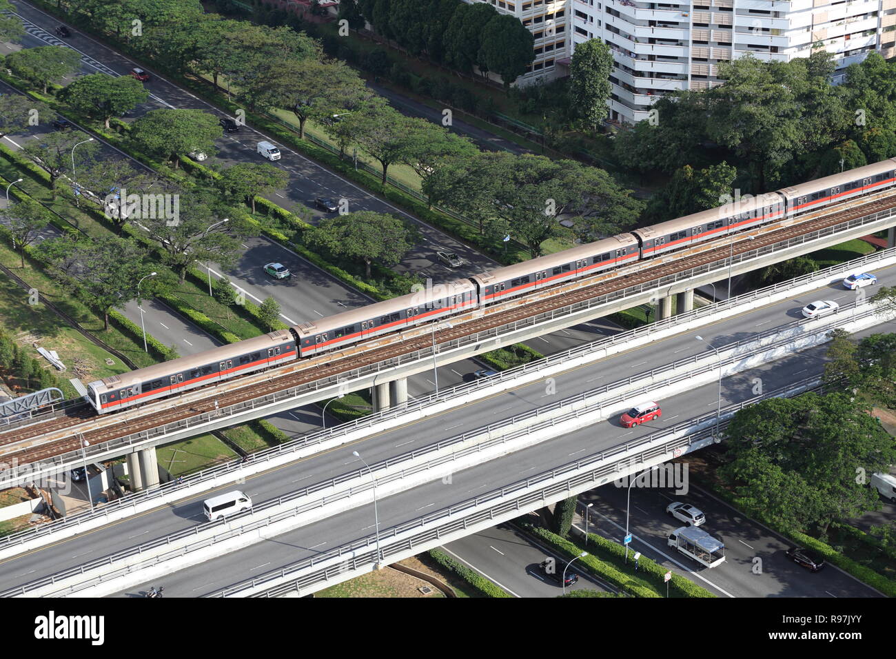 Aerial view of public transportation infrastructure such as the SMRT ...