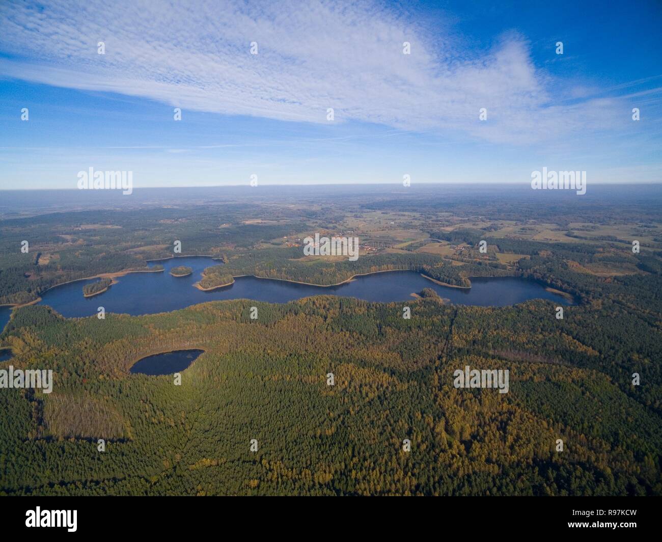 Aerial view of beautiful landscape of Mazury region - Krzywa Kuta Lake ...