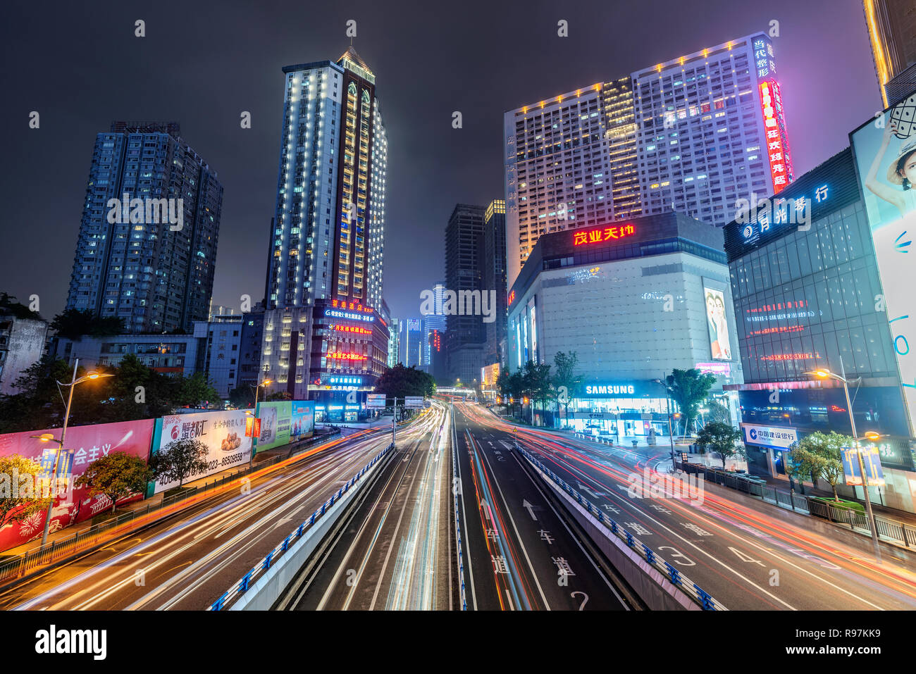 Night view of modern high rise city buildings in the Guanyinqiao ...