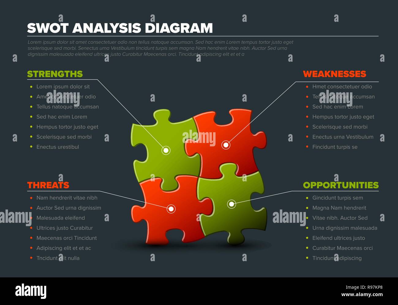 Vector SWOT diagram schema template made from four red and green puzzle ...