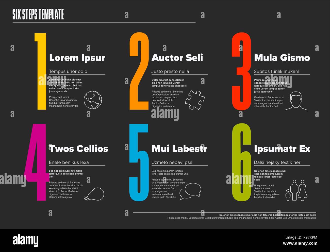 One two three four five six - vector dark progress steps template with ...