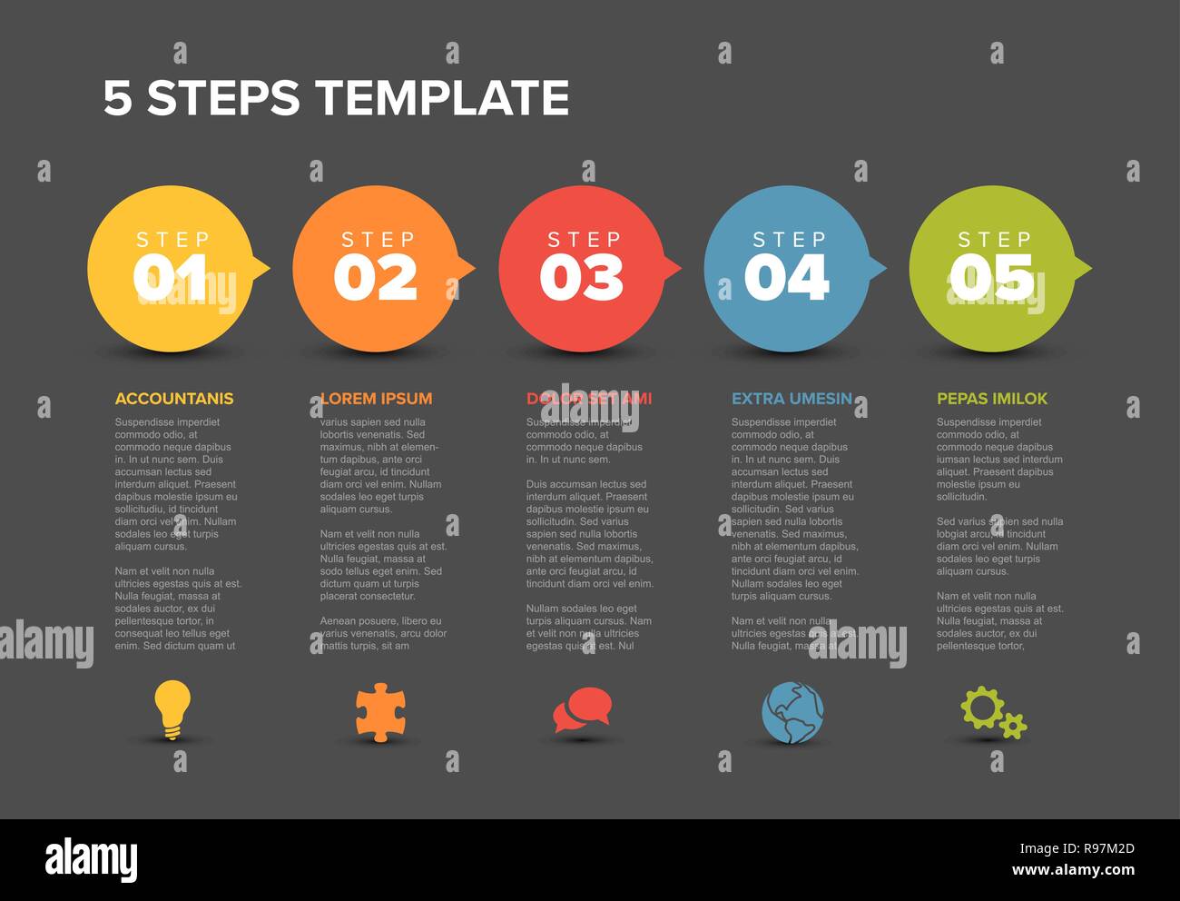 Vector five steps progress template with descriptions and icons - dark ...