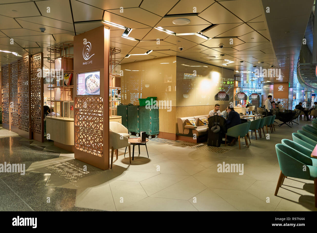 DOHA, QATAR - CIRCA MAY, 2017: In-Q Cafe at Hamad International Airport ...