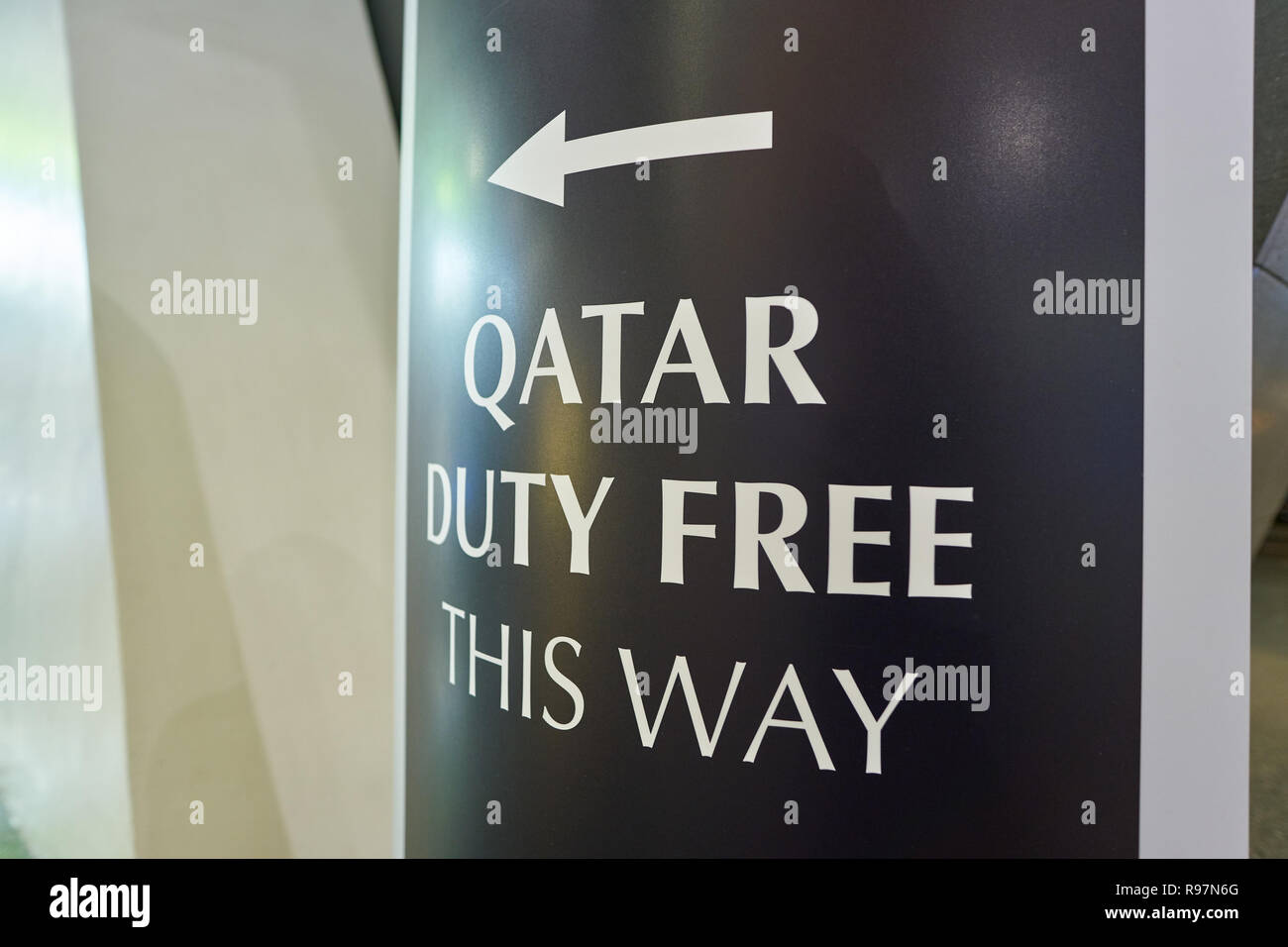 DOHA, QATAR - CIRCA MAY, 2017: Qatar Duty Free sign at Hamad ...