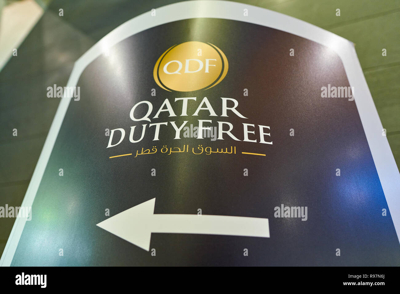 DOHA, QATAR - CIRCA MAY, 2017: Qatar Duty Free sign at Hamad ...