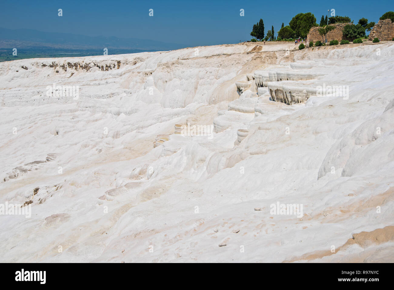 Panoramic view of Pammukale near modern city Denizli, Turkey. One of ...