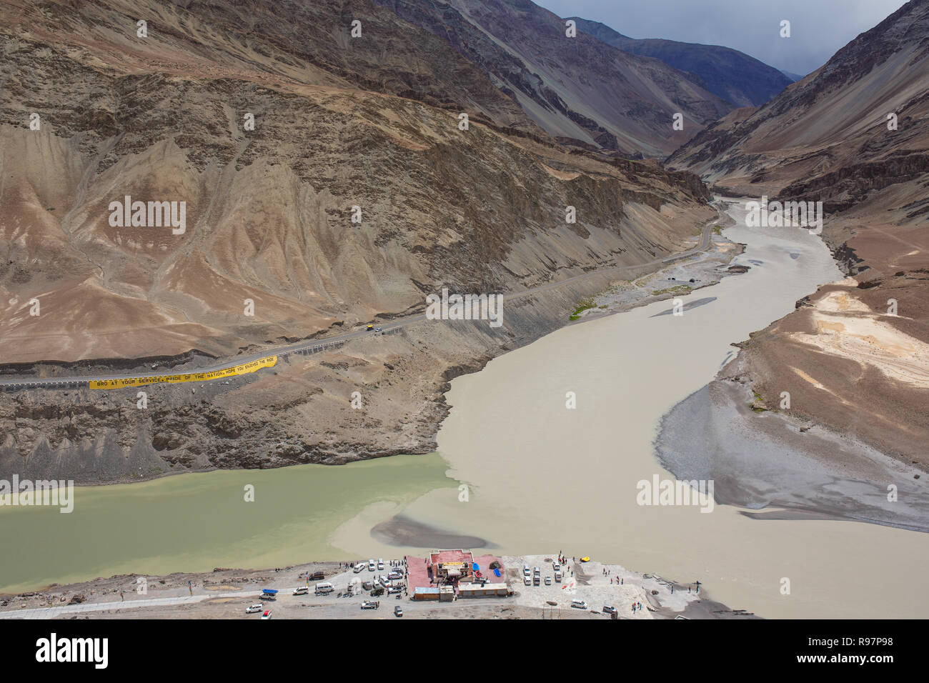 Confluence of Zanskar and Indus rivers - Leh, Ladakh, India Stock Photo ...