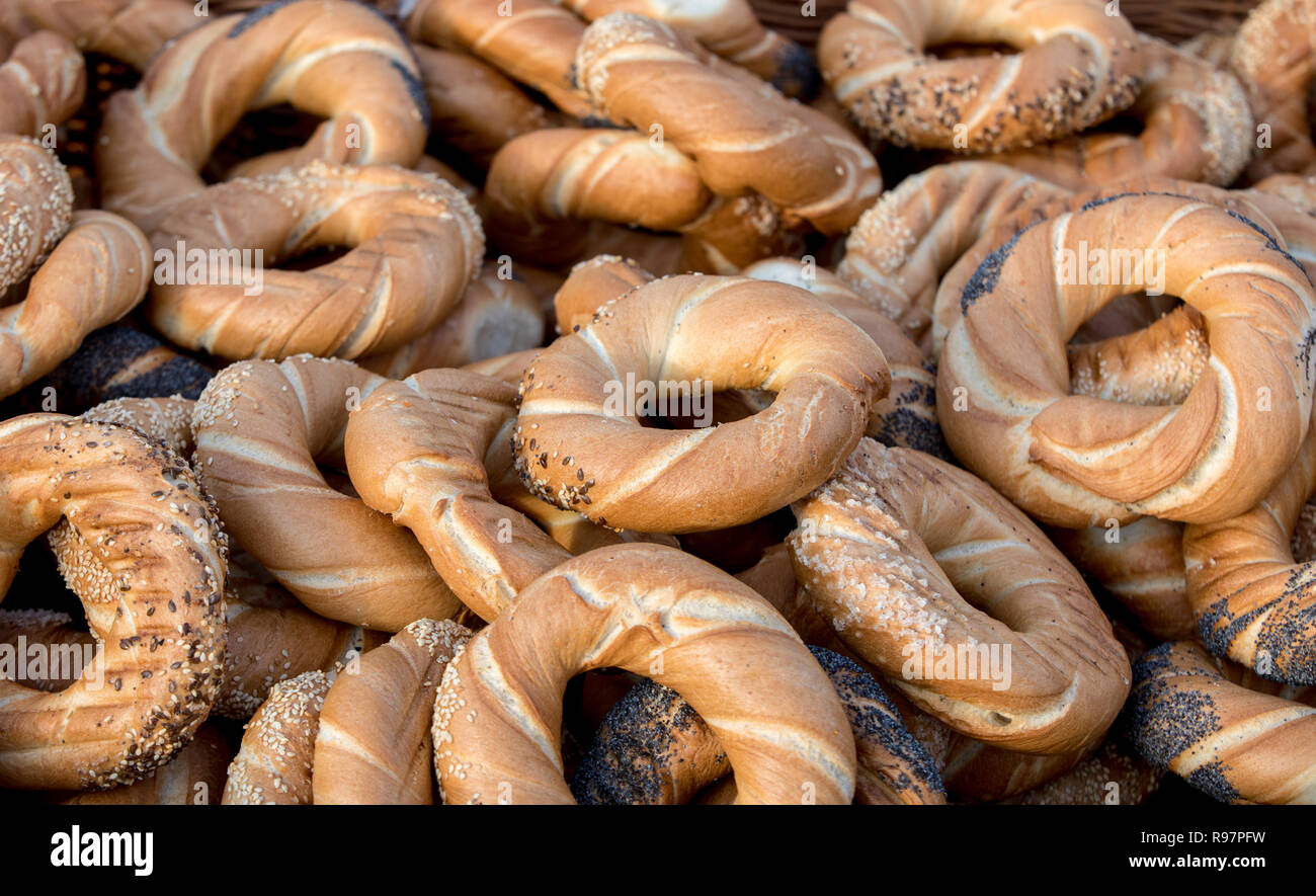 Traditional Cracovian prezels with salt, poppy and sesame seeds Stock ...