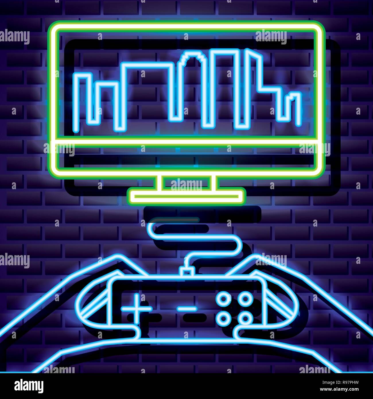 neon video game hands holding control computer play vector illustration ...