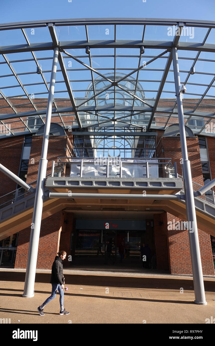 Redhill, Surrey, UK - town centre with Harlequin theatre and library ...
