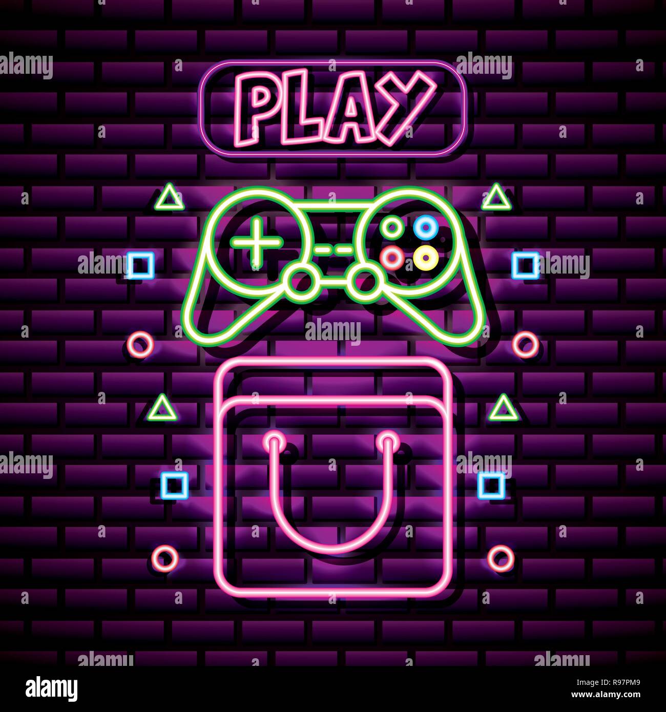 control video game play symbols neon background vector illustration ...