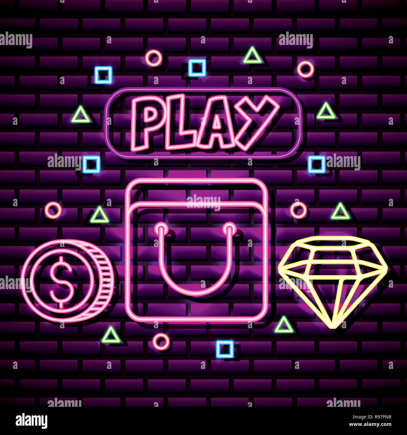 diamond coin dollar play neon video game vector illustration Stock ...