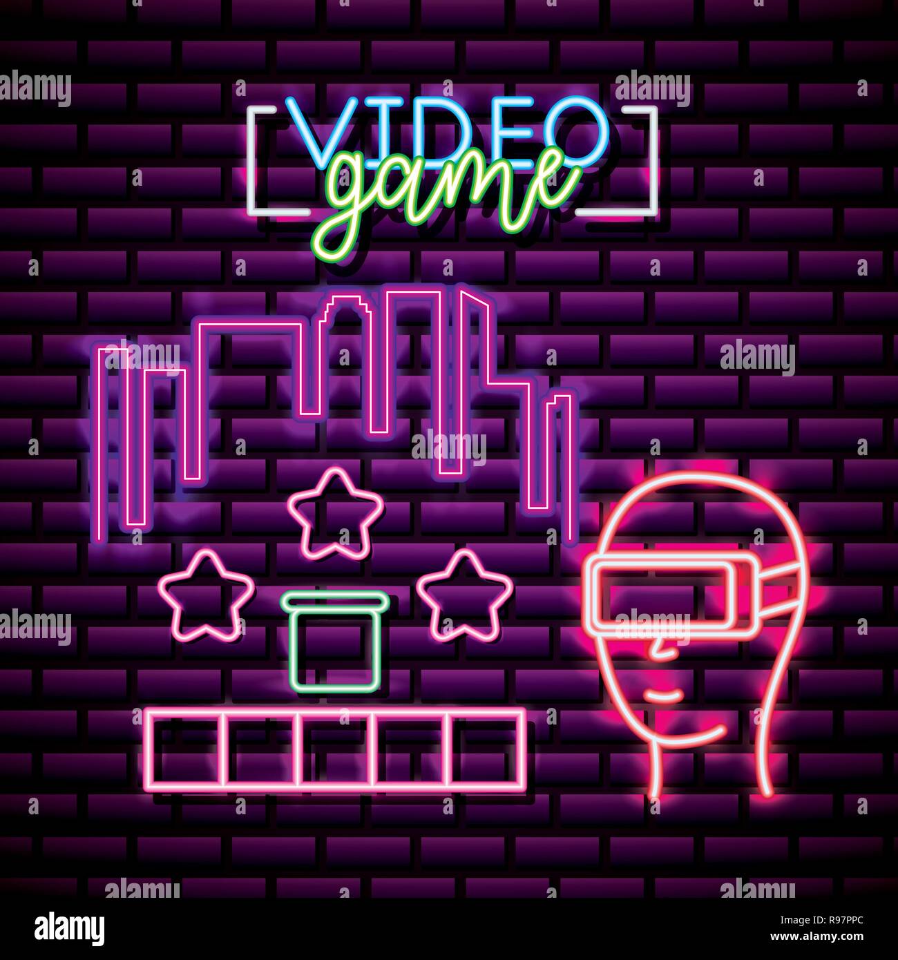 neon video game virtual reality play base stars vector illustration ...