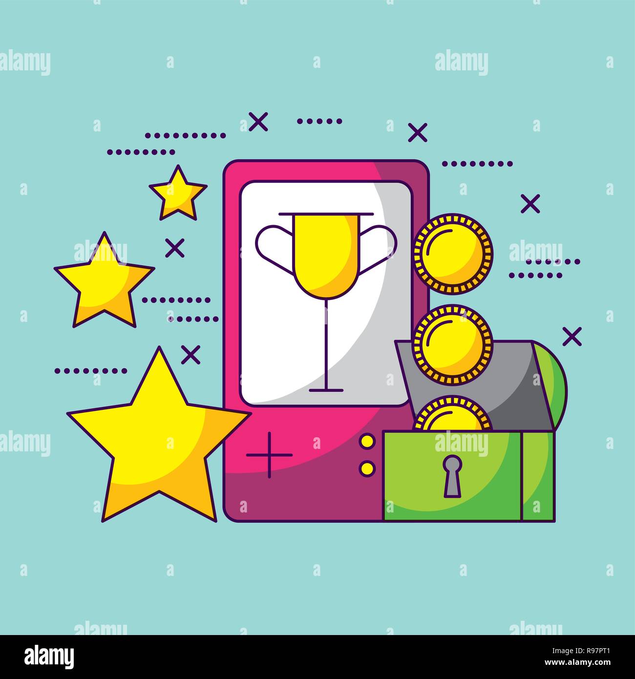 video game stars trophy screen chest coins vector illustration Stock ...