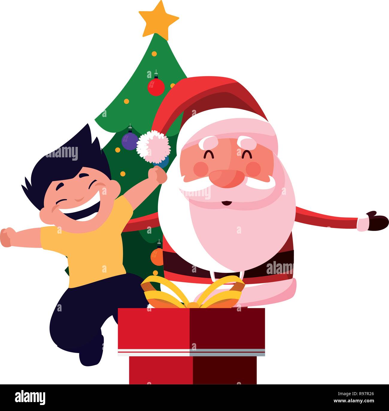 christmas santa with boy and gift tree vector illustration Stock Vector ...