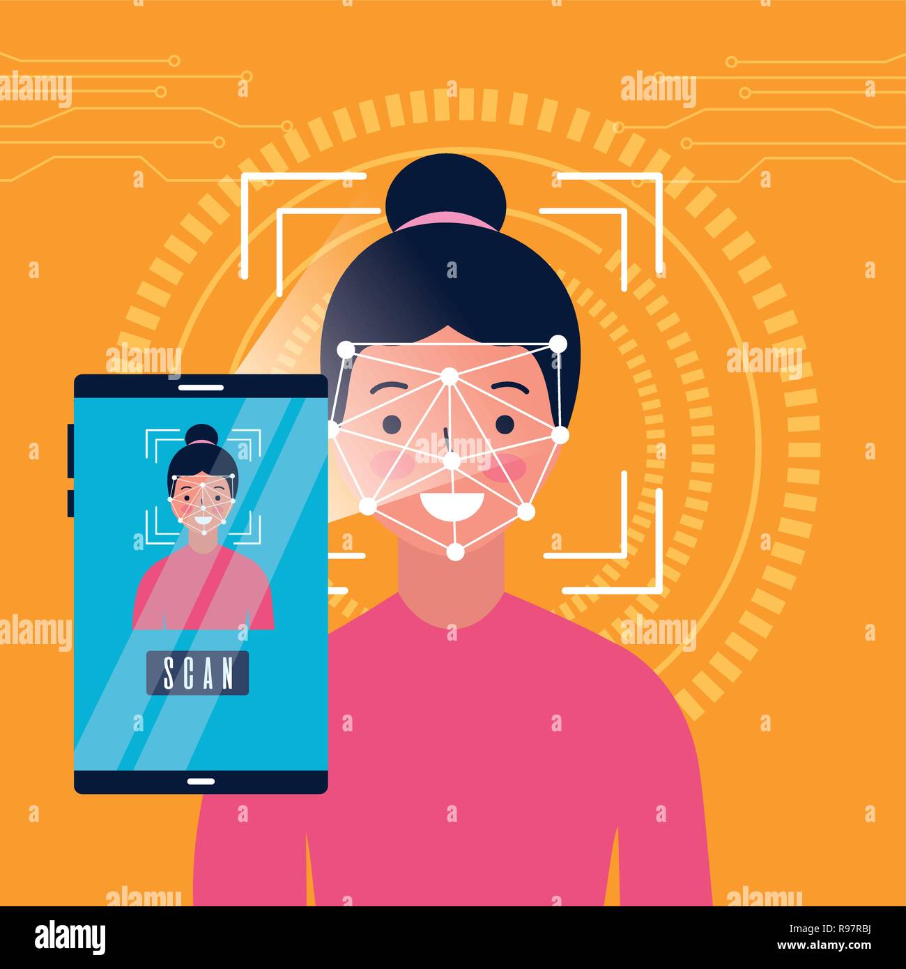 smartphone woman face scan recognition biometric vector illustration ...
