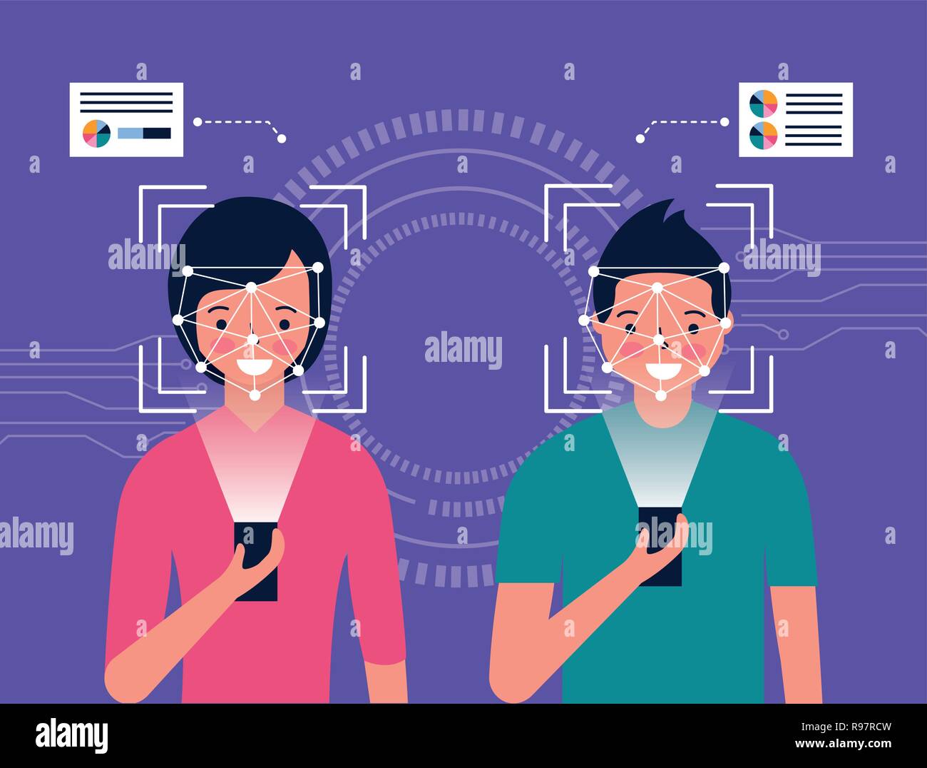 man and woman with mobile face scan vector illustration Stock Vector ...