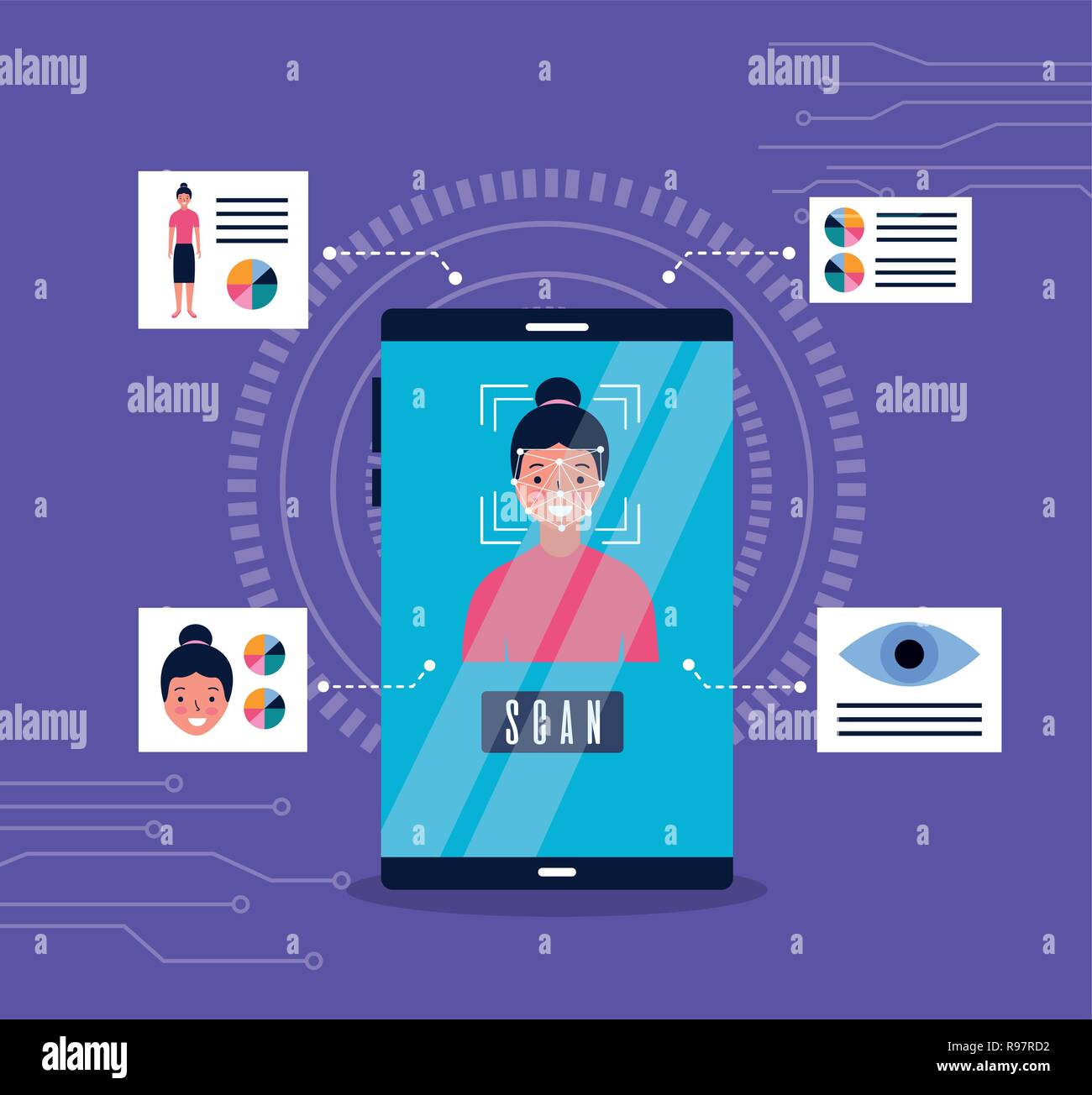 smartphone woman face scan recognition biometric vector illustration ...
