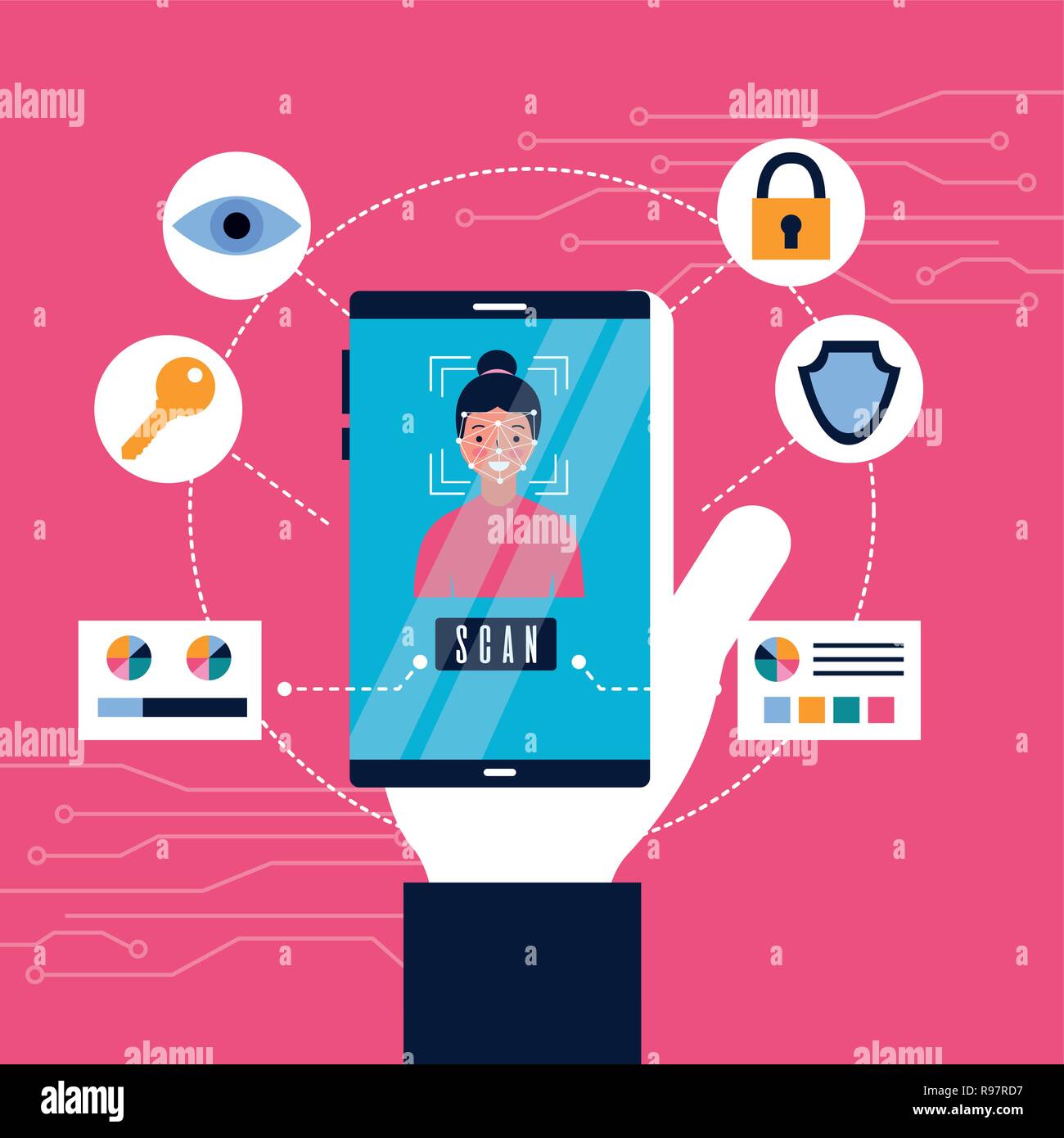 hand with cellphone face scan biometric technology vector illustration ...